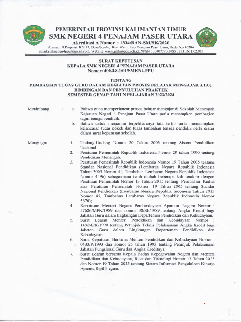 SK Pembagian Tugas Semester Genap Tahun Pelajaran2023-2024 | PDF