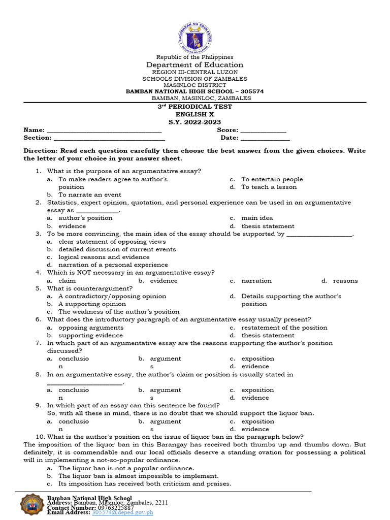 3rd Quarter Exam g10 | PDF | Essays