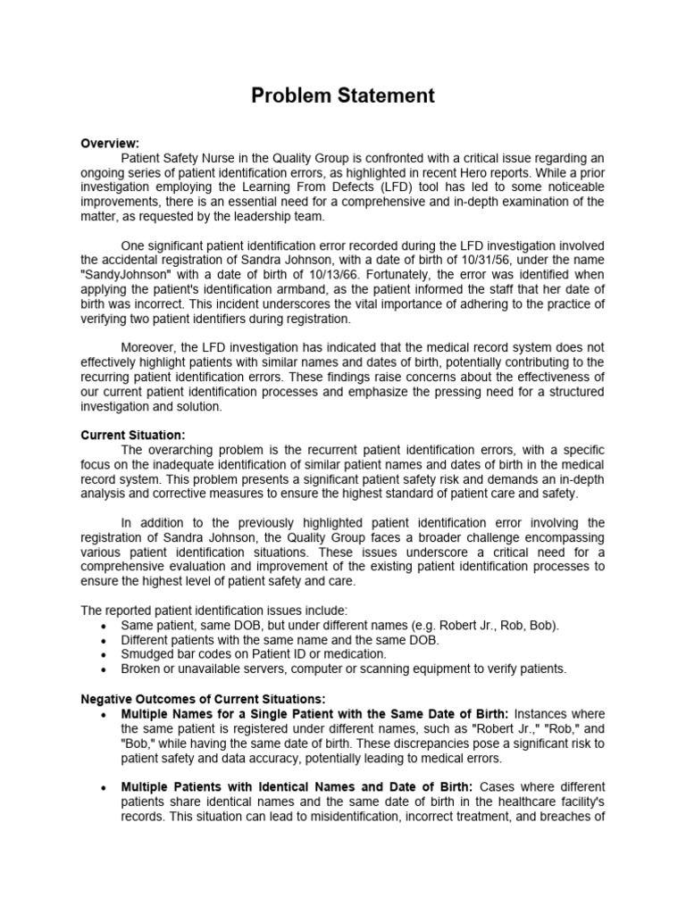 Problem Statement | PDF | Patient Safety | Patient