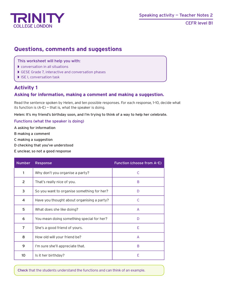 B1 - Speaking Activities - Teachers Notes 2 | PDF | Question | Learning
