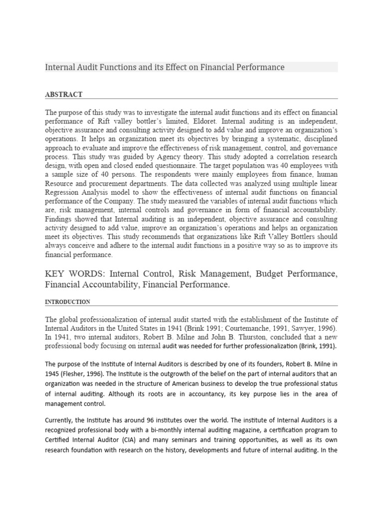 Internal Audit Functions and Its Effect On Financial Performance | PDF ...