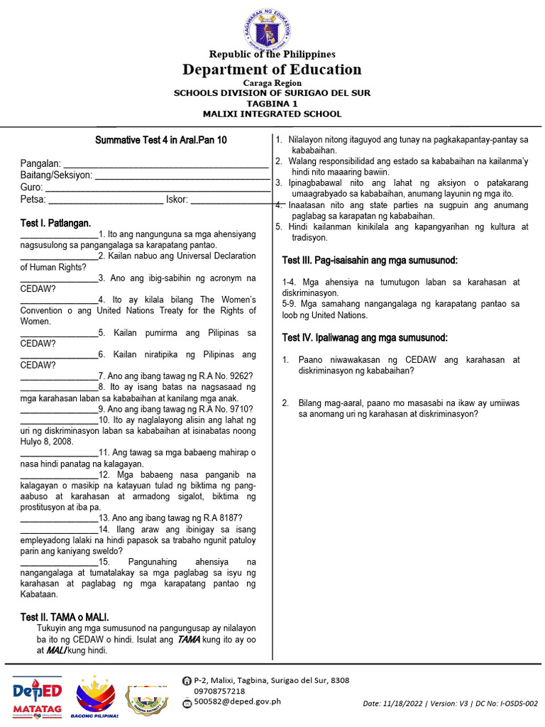 Q3 AP10 Summative Test 4 | PDF