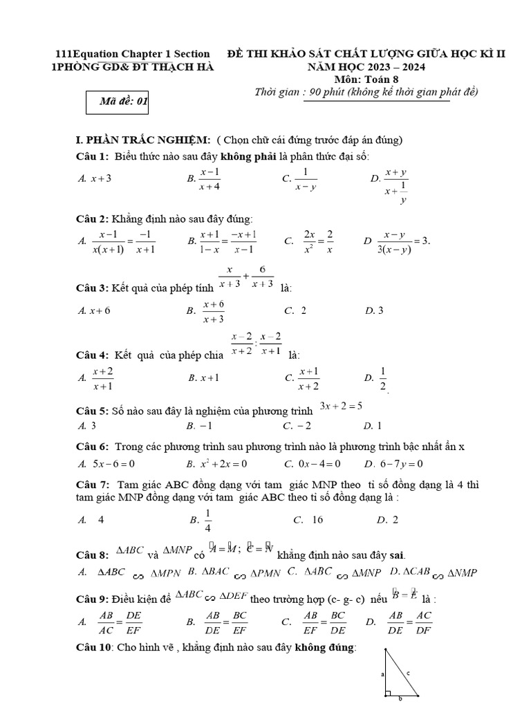 ĐỀ TOÁN 8 KSCL GIỮA KÌ 2 2023 2024 | PDF