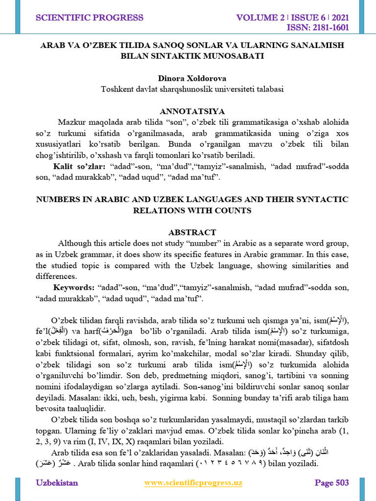 Arab Va o Zbek Tilida Sanoq Sonlar Va Ularning Sanalmish Bilan Sintaktik Munosabati | PDF ...