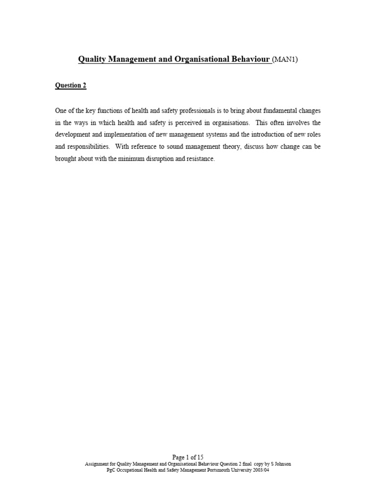 Assignment For Quality Management and Organisational Behaviour PGC ...