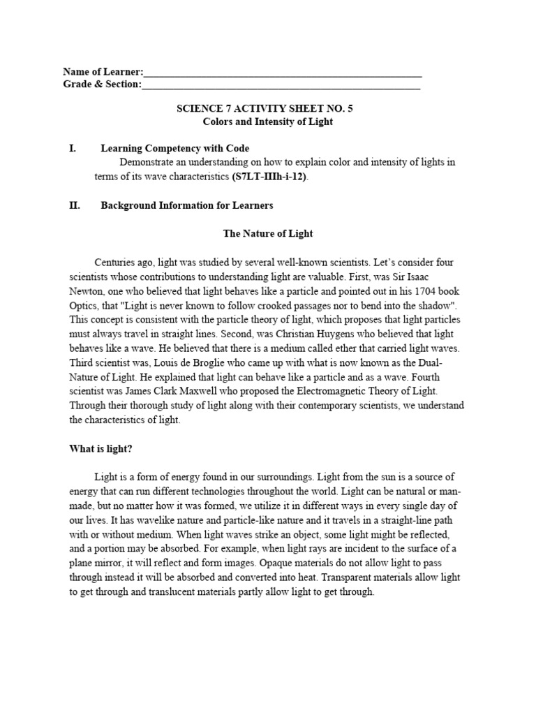 Light-Activity | PDF | Light | Waves