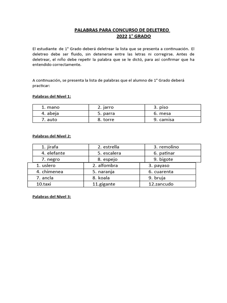 Palabras para Deletreo 1° Grado | PDF