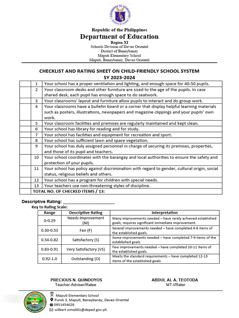 CFSS Checklist Consolidated | PDF | Classroom