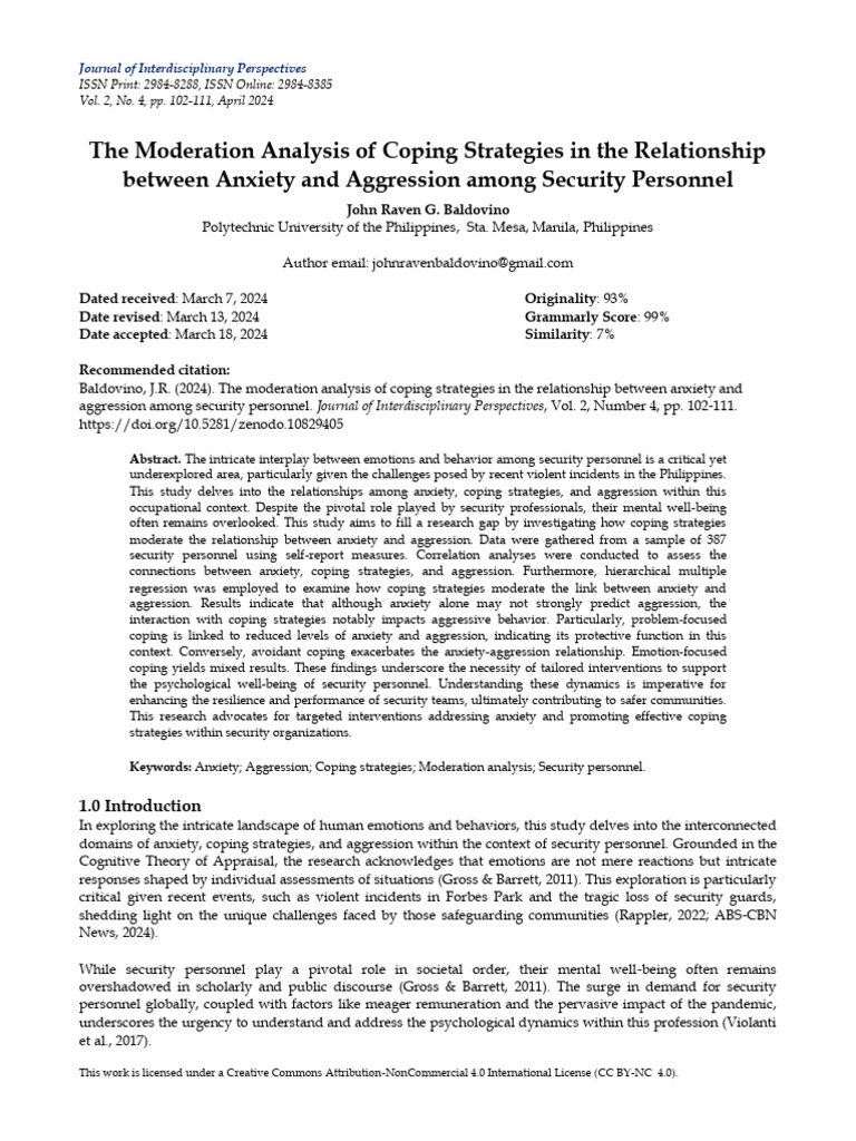The Moderation Analysis of Coping Strategies in The Relationship Between Anxiety and Aggression ...