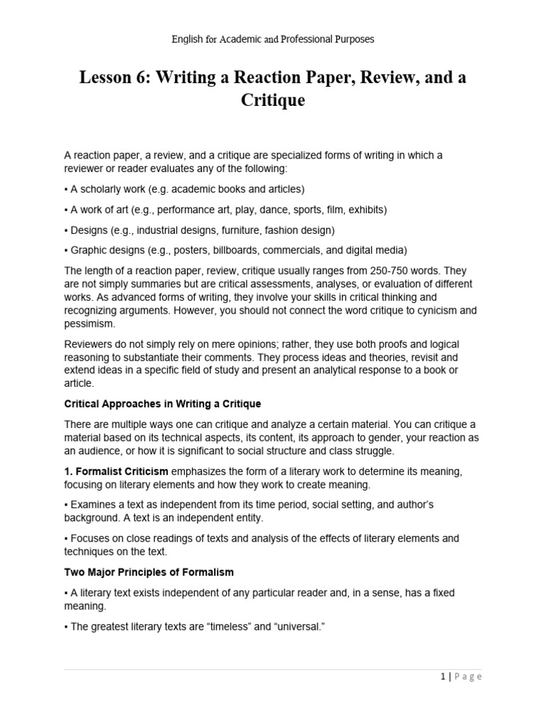 Lesson 6 Critic Paper | PDF | Critique | Critical Thinking