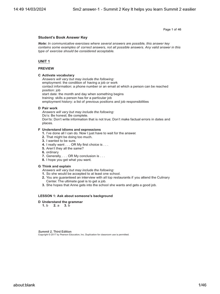 Sm2 Answer-1 - Summit 2 Key It Helps You Learn Summit 2 Easilier | PDF ...