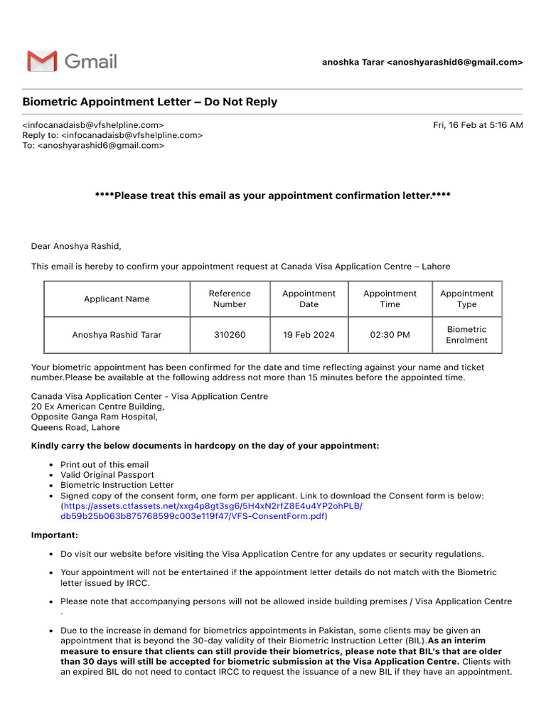 Biometric Appointment Letter - Do Not Reply | PDF | Travel Visa ...