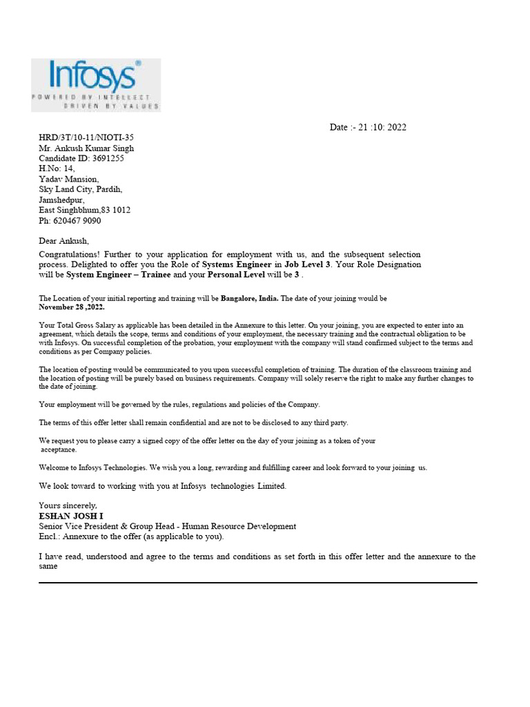 Infosys Offer and Joining Letter | PDF | Career & Growth