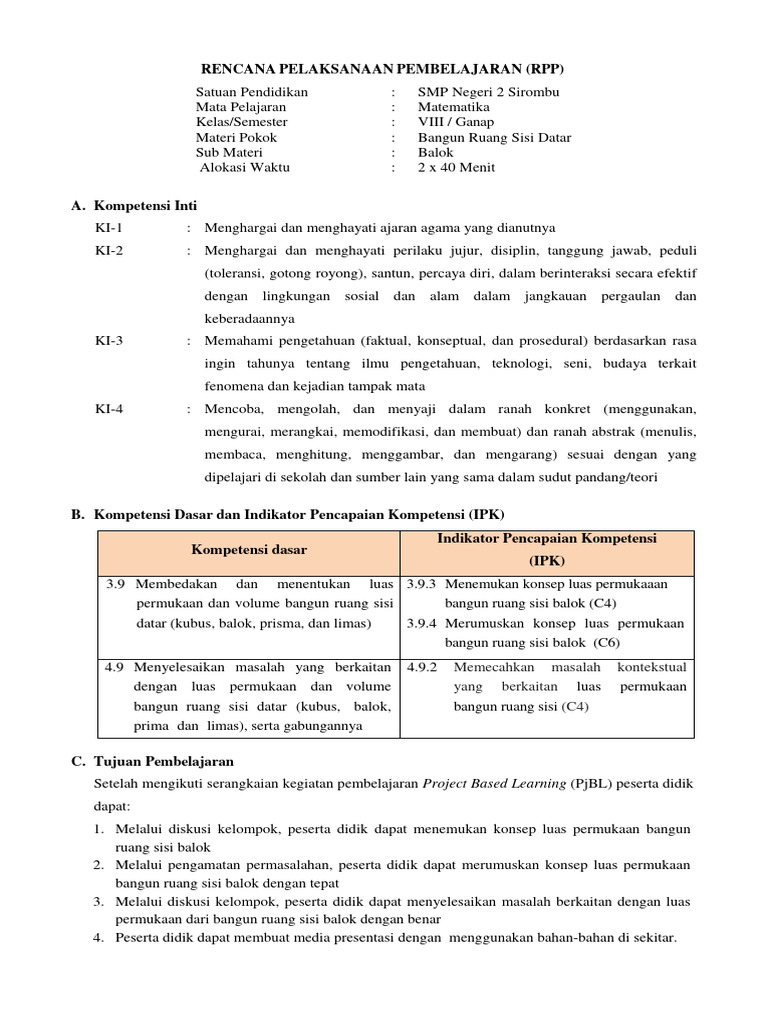 RPP Matematika Kelas VIII Bangun Ruang Sisi Datar | PDF | Seni