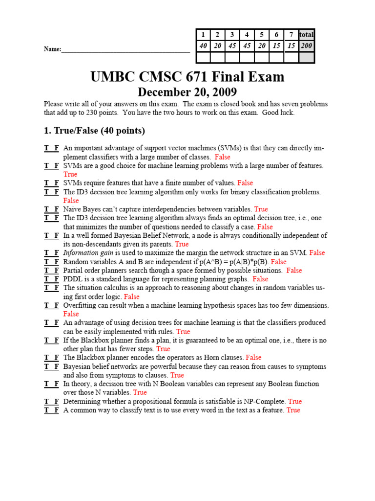 UMBC CMSC 671 Final Exam: December 20, 2009 | PDF | Support Vector ...