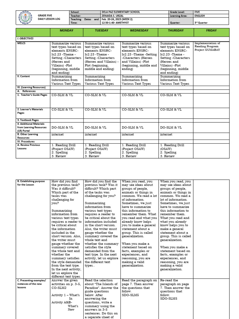 Grade 5 English Lesson Plan Summary | PDF | Computers