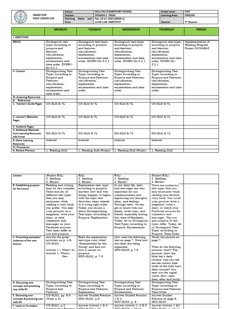 ENGLISH DLL-W1-Q3 - Distinguish Text-Types | PDF | Learning | Teachers