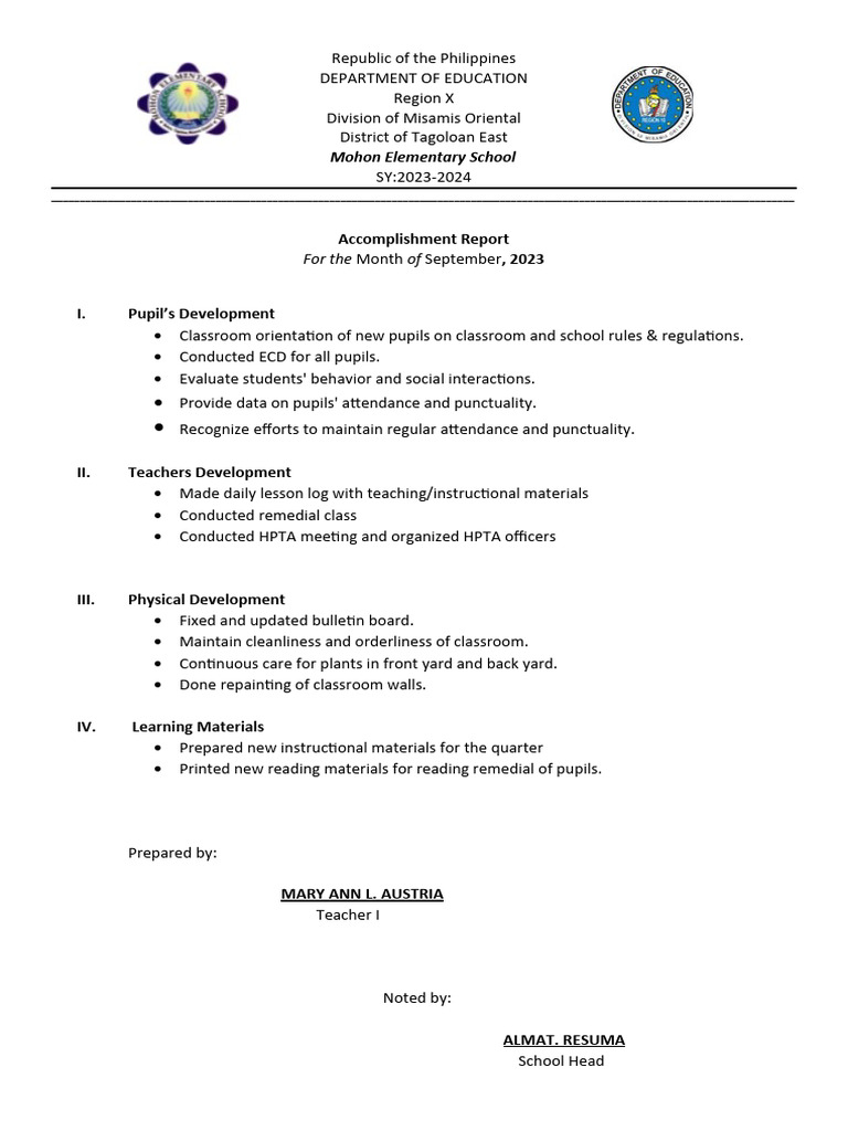 Accomplishment New 1 | PDF | Teachers | Classroom