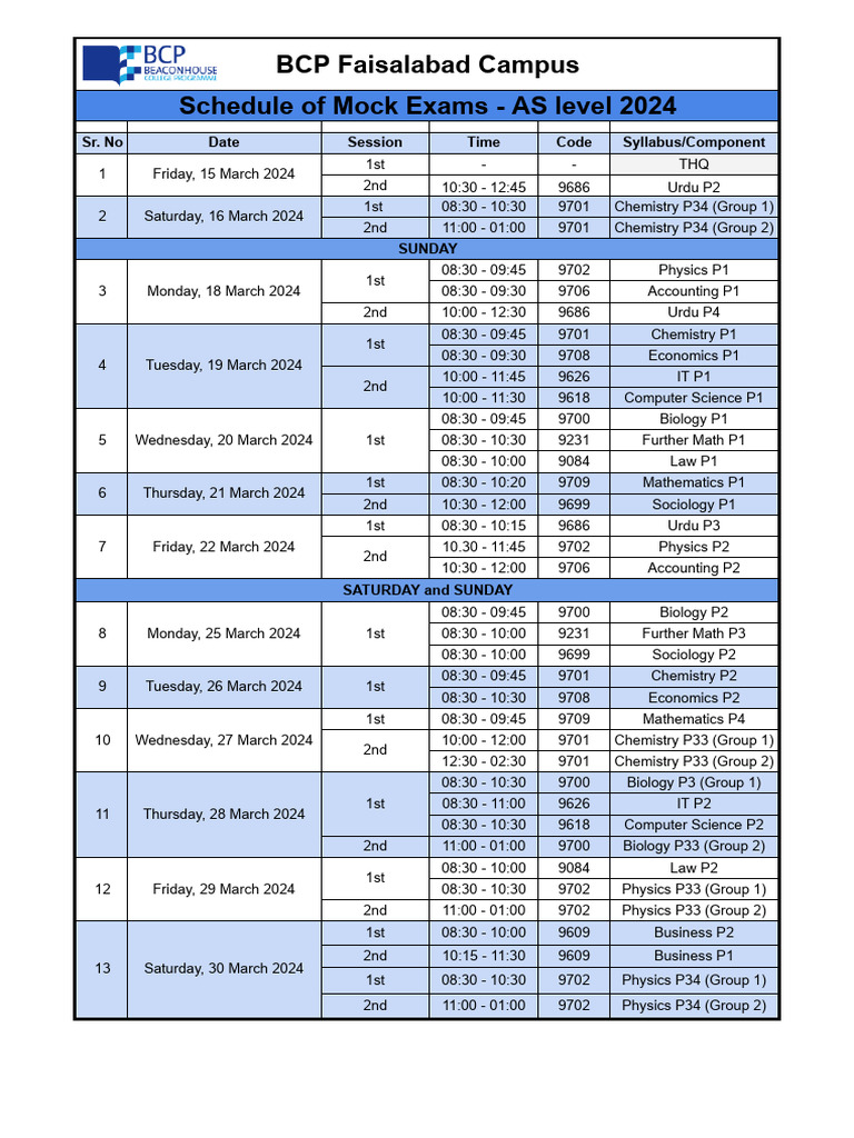 Date Sheet MOCKS 2024 - AS | PDF