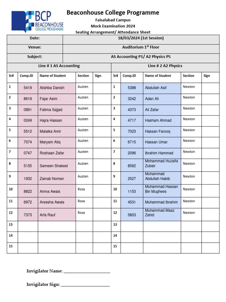 Seating Plan Mock 18-03-24 - AS-A2 | PDF