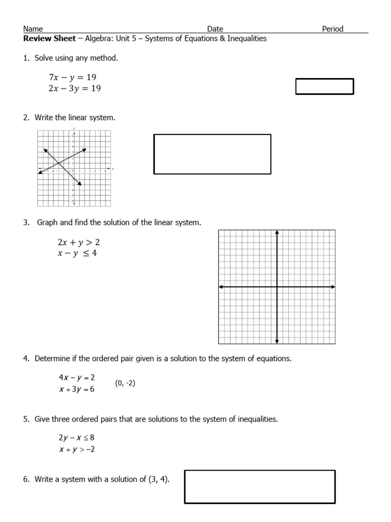 Algebra Systems Review Sheet | PDF | System Of Linear Equations | Equations