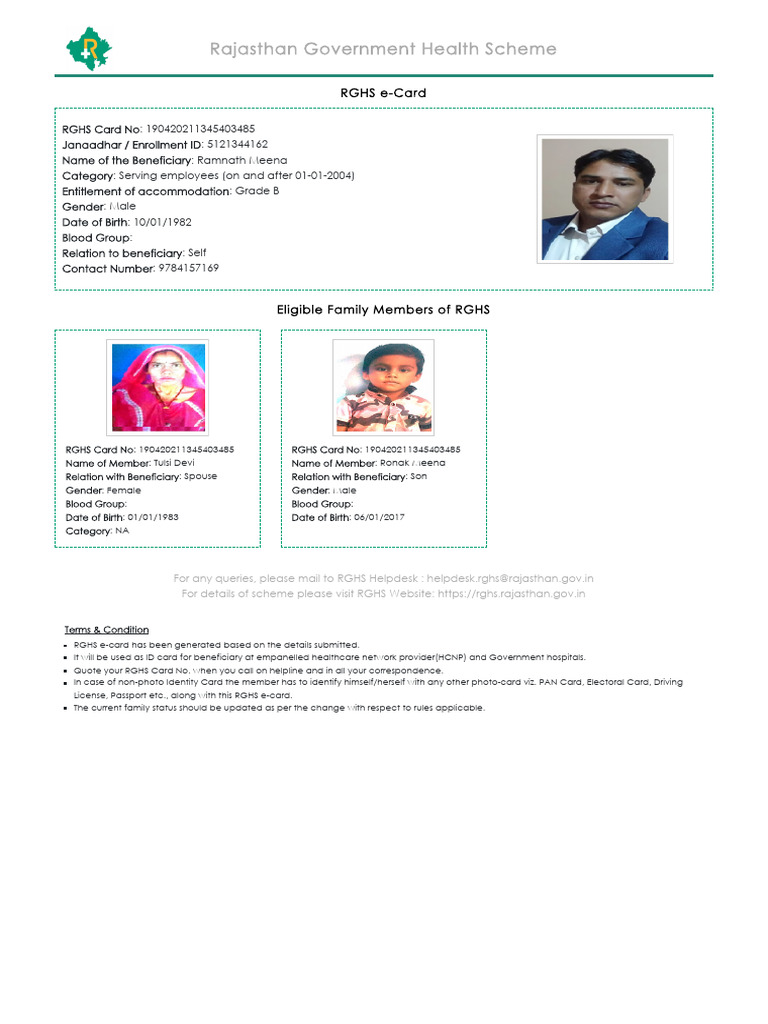 Rajasthan Health Scheme RGHS e-Card Details | PDF