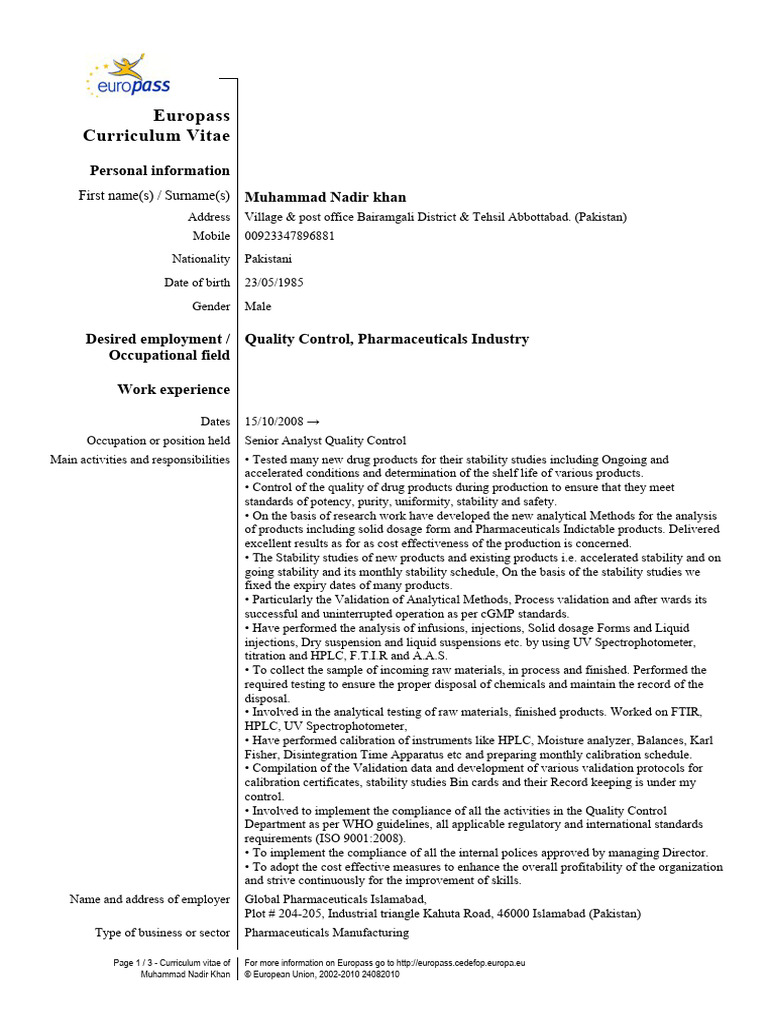 nadir cv | PDF | High Performance Liquid Chromatography