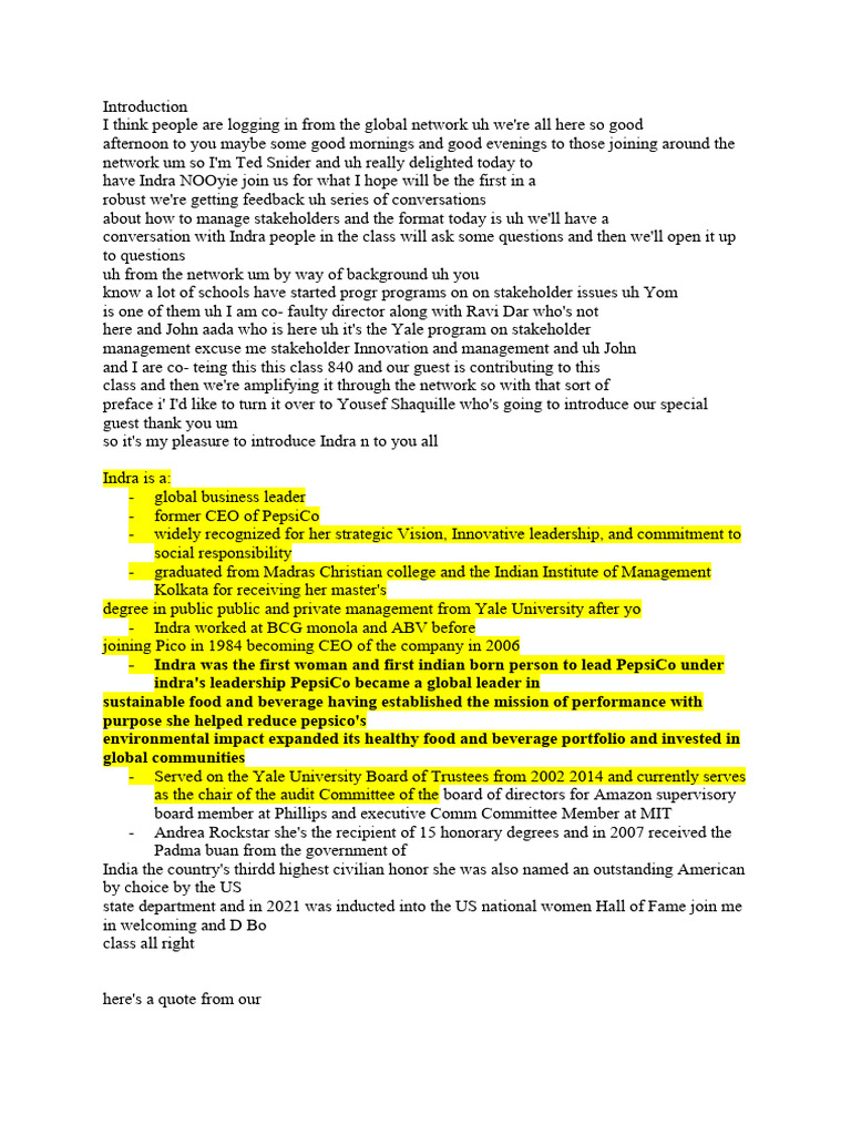 NOOYI PURPOSE SCRIPT | PDF | Pepsi Co | Diet (Nutrition) NOOYI PURPOSE SCRIPT | PDF | Pepsi Co | Diet (Nutrition)