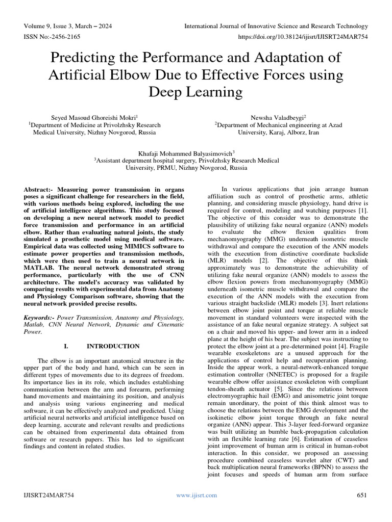 Predicting the Performance and Adaptation of Artificial Elbow Due to Effective Forces using Deep ...