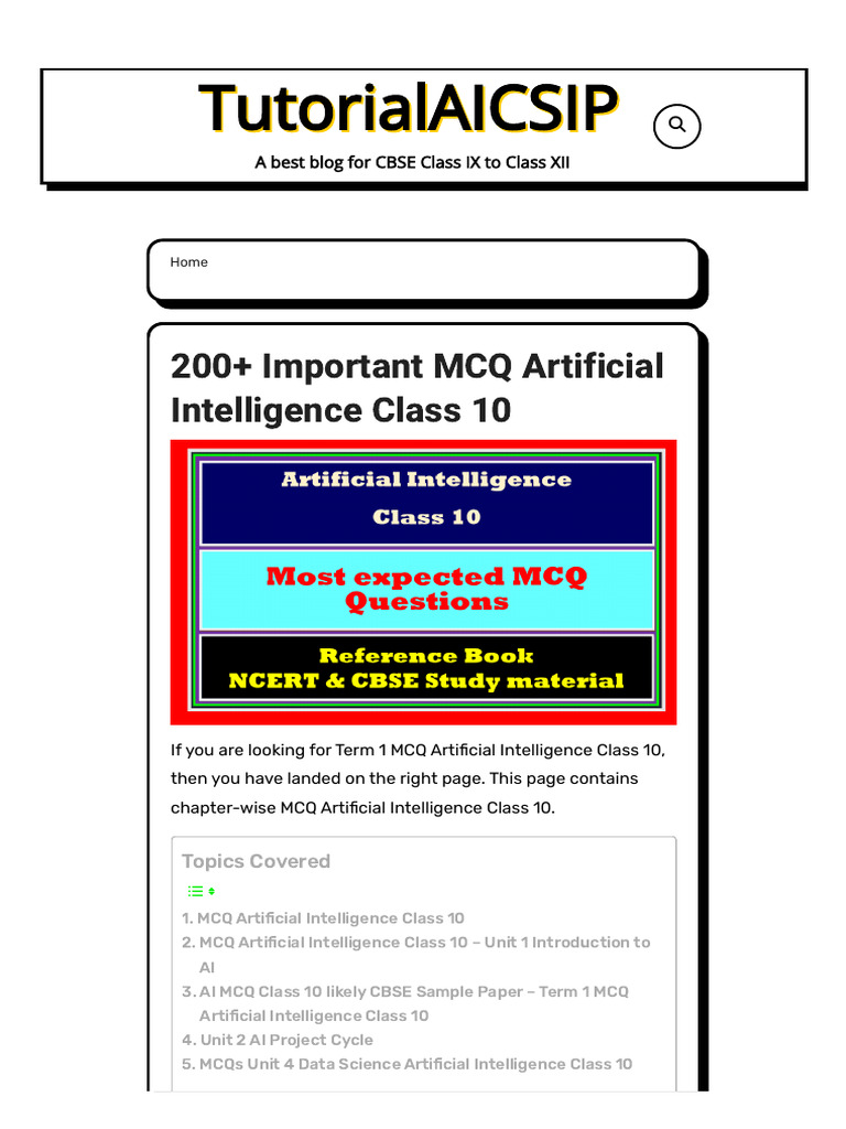 200+ Important MCQ Artificial Intelligence Class 10 - TutorialAI | PDF ...