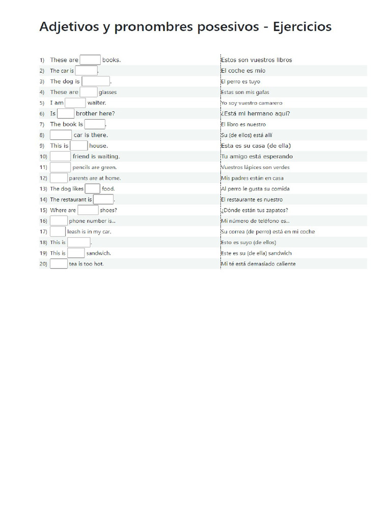Ejercicio Adjetivos y Pronombres Posesivos | PDF