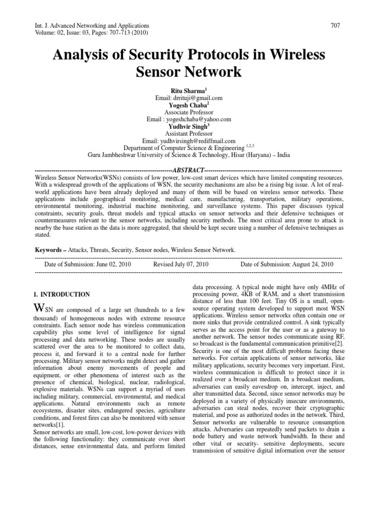 Analysis of Security Protocols in Wireless Sensor Network: Ritu Sharma Yogesh Chaba | PDF ...