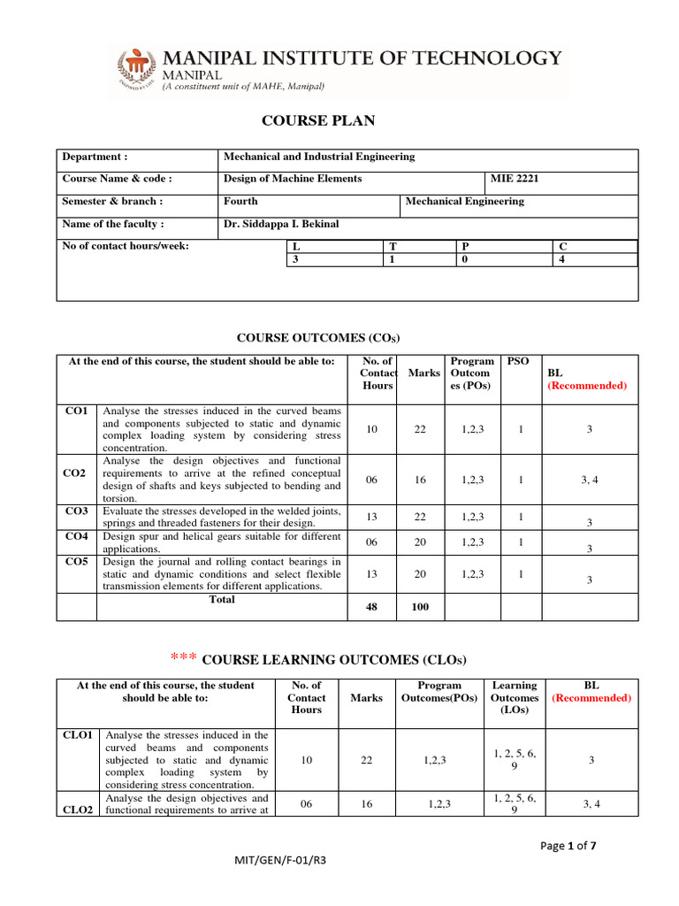 Course Plan DME 2024_Final | PDF | Gear | Bearing (Mechanical)