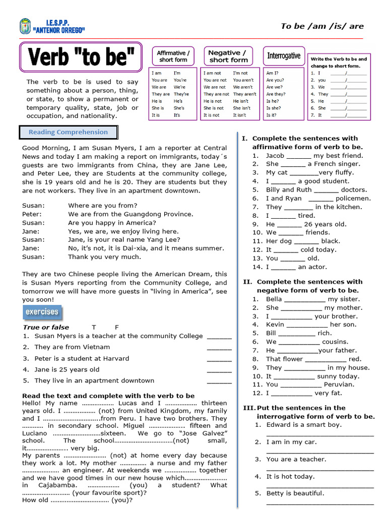 READING COMPREHENSION _ VERB TO BE | PDF