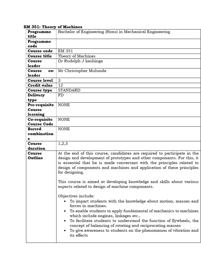 EM 351 Course Outline | PDF | Gear | Belt (Mechanical)