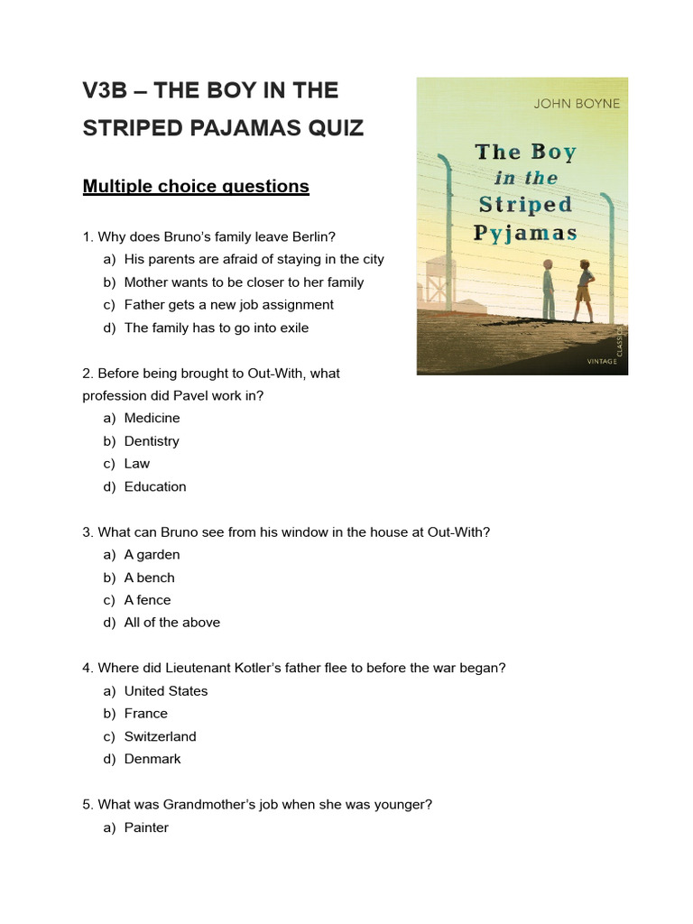 The Boy in the Striped Pajamas Quiz | PDF | Mystery, Thriller & Crime ...