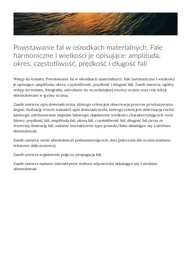 Powstawanie Fal W Osrodkach Materialnych Fale Harmoniczne I Wielkosci ...