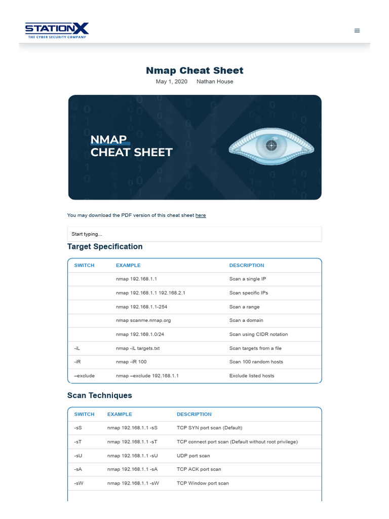 Nmap Cheat Sheet | PDF | Port (Computer Networking) | Transmission Control Protocol
