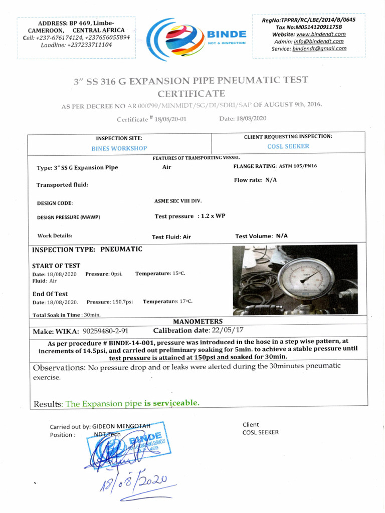 Scan Copy - Hose Pipe Pressure Test Certification | PDF