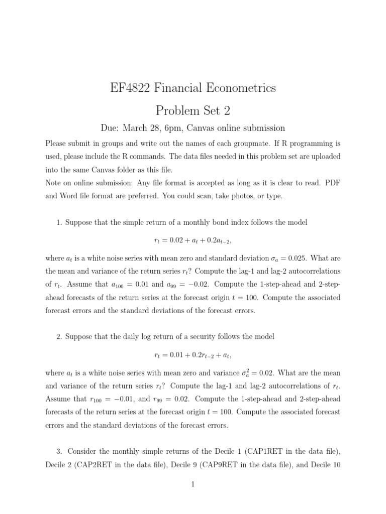 EF4822 Financial Econometrics Problem Set 2: Due: March 28, 6pm, Canvas Online Submission | PDF ...
