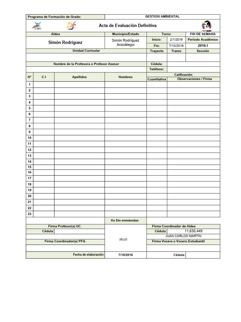 Formato Actas de Notas 2016-i | PDF