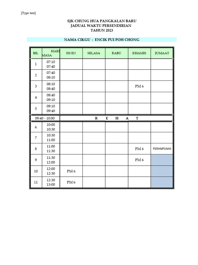 Jadual Peribadi Guru 2023 | PDF