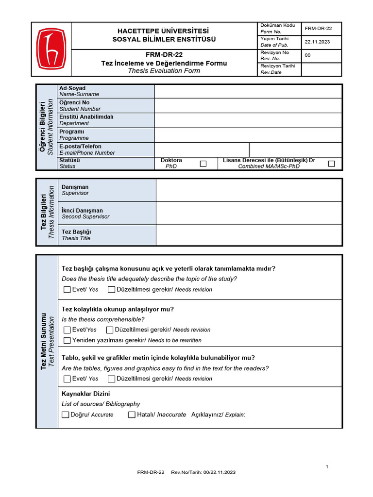 FRM-DR-22 Tez Inceleme ve Degerlendirme Formu | PDF