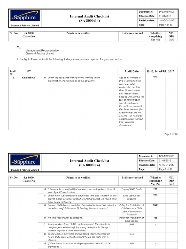 Internal Audit Checklist (SA 8000 - 14) - PDF | PDF