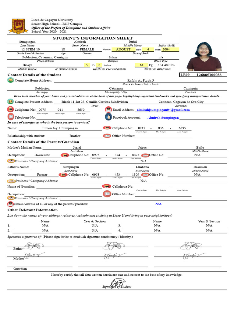 Student's Information Sheet - 2020 - Enter Data | PDF