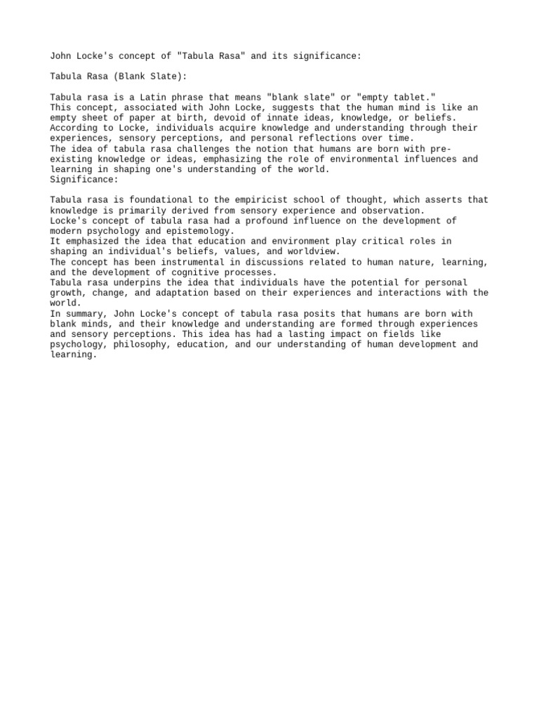 John Locke's Concept of Tabula Rasa | PDF