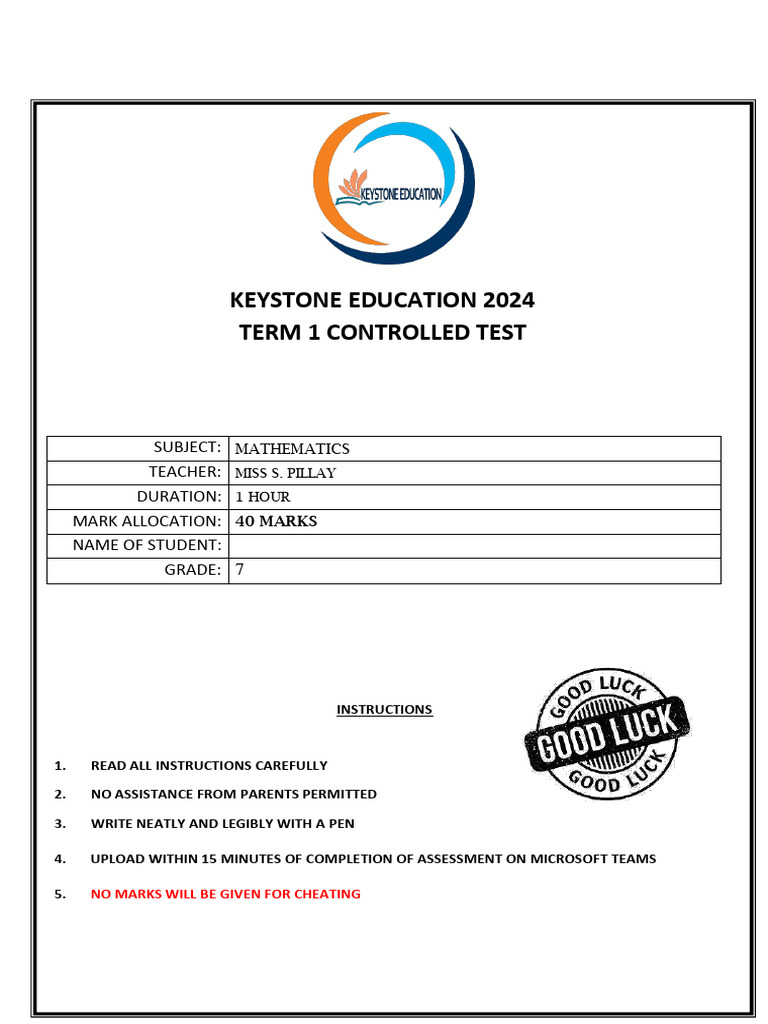 Grade 7 Term 1 Maths Test 2024 | PDF | Teaching Methods & Materials ...