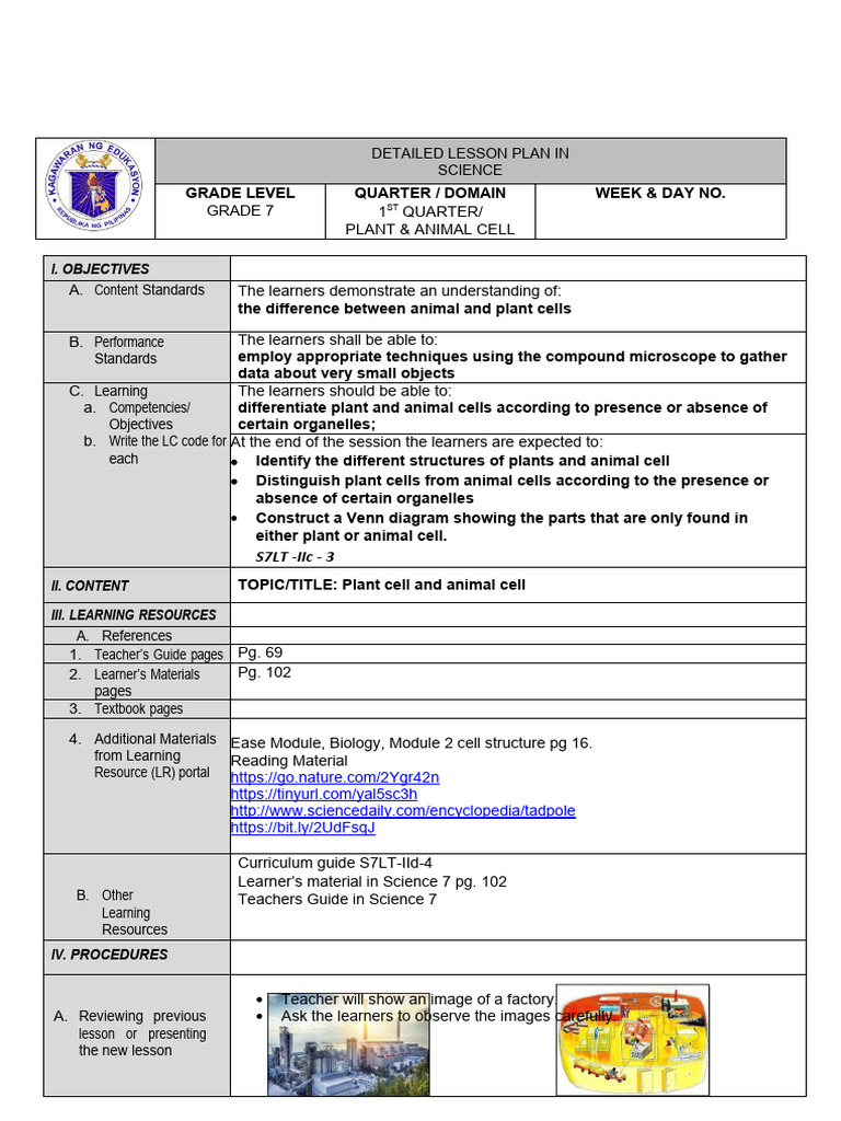 Detailed Lesson Plan in Science 7 | PDF | Endoplasmic Reticulum | Cell ...