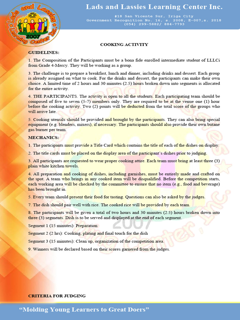 Cooking Activity Grades 4 5 | PDF | Cuisine | Foods