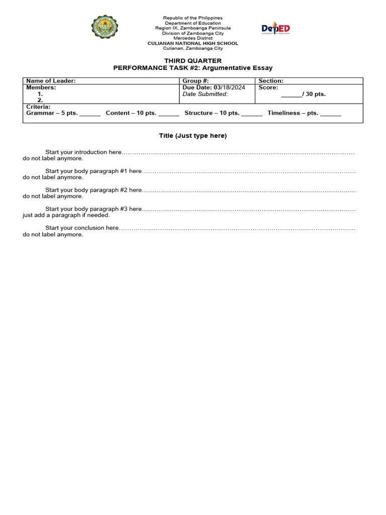 Activity Sheet Template Argumentative Essay 2 | PDF | Behavior Modification